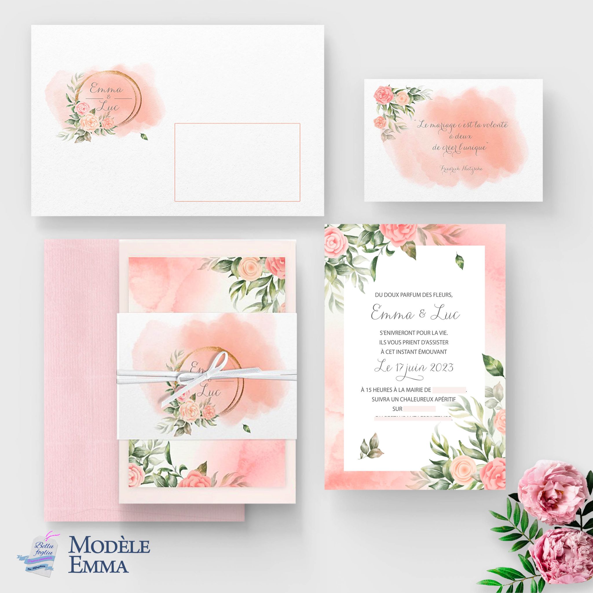 Faire-part de mariage thème roses et feuillage modèle Emma - Bellu Fogliu