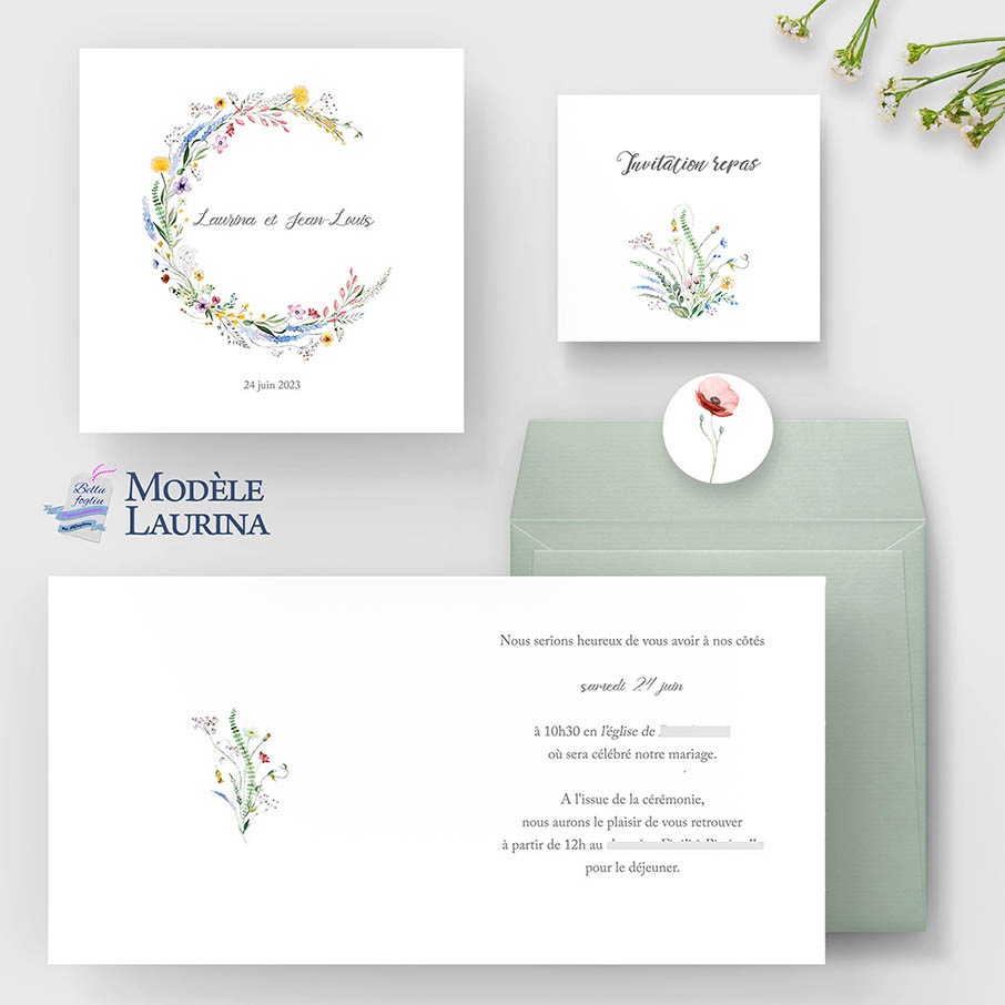 Faire-part de mariage thème fleurs des champs modèle Laurina - Bellu Fogliu